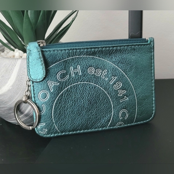 Coach | Accessories | Coach Teal Metallic Coin Purse Keychain Wallet ...